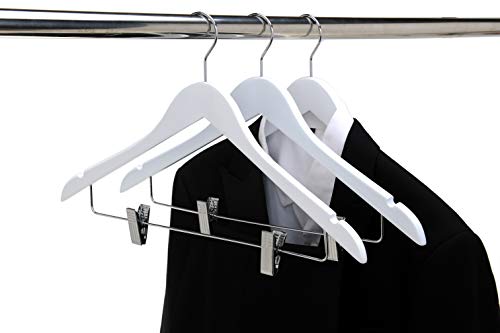 Quality Wooden Skirt Hangers with Clips, 10-Pack Smooth Solid Wood Pants Hangers with Durable Adjustable Metal Clips, Swivel Hook, Coat, Jacket, Blouse Suit Hangers (White, 10)