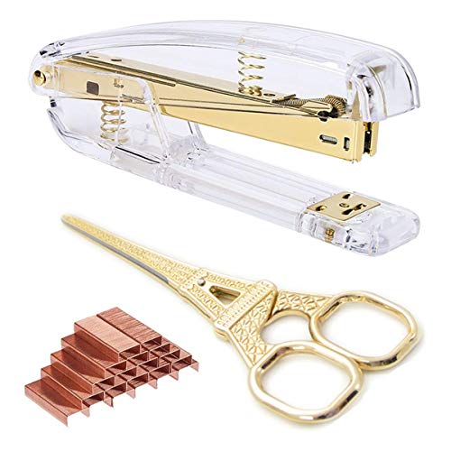 Gold Scissors and Stapler Set - Scissors and Stapler with 1000 Rose Gold Staples, Luxury Set of Gold Office Supplies & Desk Accessories