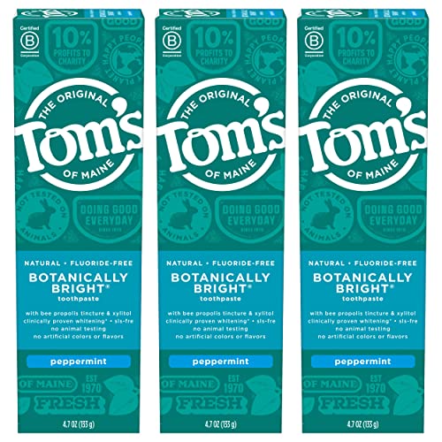 Tom's of Maine Natural Fluoride-Free SLS-Free Botanically Bright Toothpaste, Peppermint, 4.7 oz. 3-Pack (Packaging May Vary)