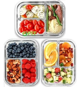 fit strong & healthy 3 compartment glass meal prep containers (3 pack, 32 oz) - glass food storage containers with lids, glass lunch box, glass bento box lunch containers, portion control, airtight