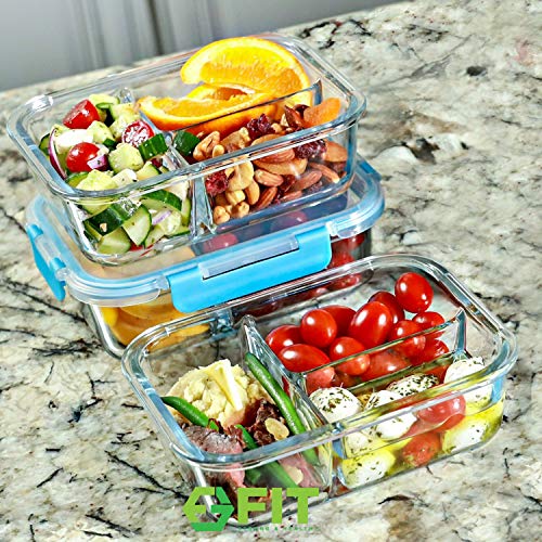 FIT Strong & Healthy 3 Compartment Glass Meal Prep Containers (3 Pack, 32 oz) - Glass Food Storage Containers with Lids, Glass Lunch Box, Glass Bento Box Lunch Containers, Portion Control, Airtight