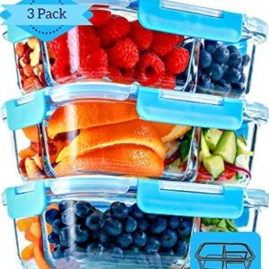 FIT Strong & Healthy 3 Compartment Glass Meal Prep Containers (3 Pack, 32 oz) - Glass Food Storage Containers with Lids, Glass Lunch Box, Glass Bento Box Lunch Containers, Portion Control, Airtight