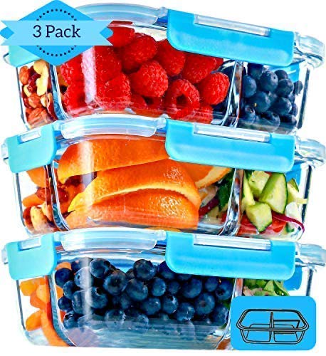 FIT Strong & Healthy 3 Compartment Glass Meal Prep Containers (3 Pack, 32 oz) - Glass Food Storage Containers with Lids, Glass Lunch Box, Glass Bento Box Lunch Containers, Portion Control, Airtight