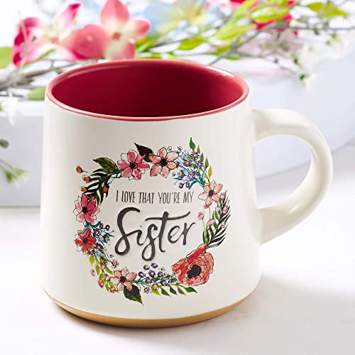 Christian Art Gifts I Love That Your My Sister Ecclesiastes 4:9 Ceramic Bible Verse Coffee Mug Floral Rustic Pink & Ivory Cup for Coffee/Tea, Dishwasher Microwave Safe, 14oz