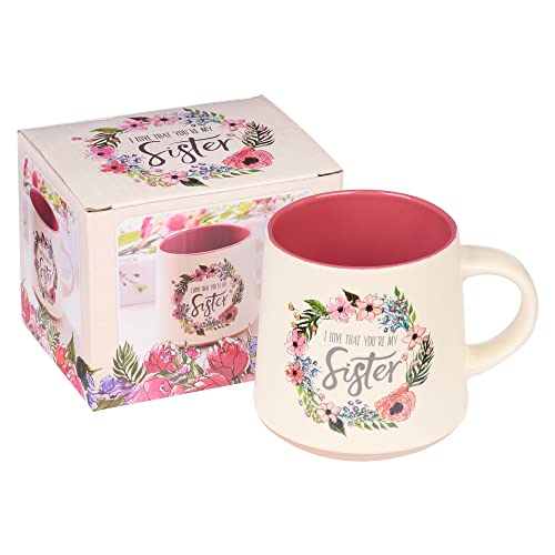 Christian Art Gifts I Love That Your My Sister Ecclesiastes 4:9 Ceramic Bible Verse Coffee Mug Floral Rustic Pink & Ivory Cup for Coffee/Tea, Dishwasher Microwave Safe, 14oz