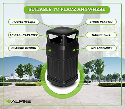 Alpine Industries Outdoor/Indoor Trash Can - Heavy Duty Garbage Can with Lid - Trash Bin for Home, Kitchen, and Bathroom - (16-Gallon Capacity, Black)