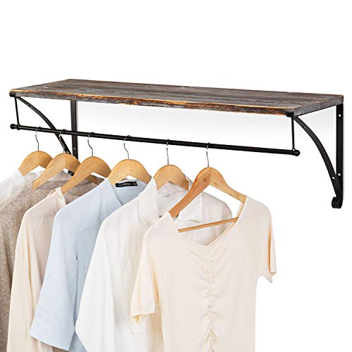 MyGift Torched Wood Floating Shelf and Clothes Rod with Black Metal Bracket, Wall Hanging Closet Organizer