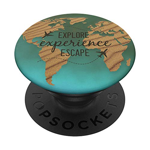 Explore Experience Escape | Turquoise World Map Travel Quote PopSockets PopGrip: Swappable Grip for Phones & Tablets