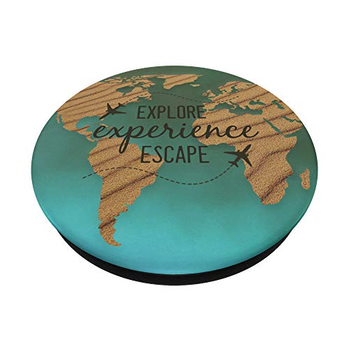 Explore Experience Escape | Turquoise World Map Travel Quote PopSockets PopGrip: Swappable Grip for Phones & Tablets