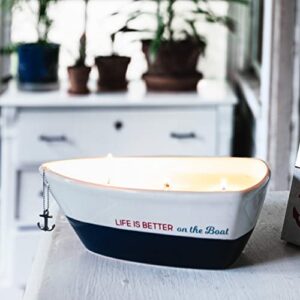 Pavilion Gift Company Life is Better 10 Oz Triple Wick Candle in Ceramic Boat Dish, Blue