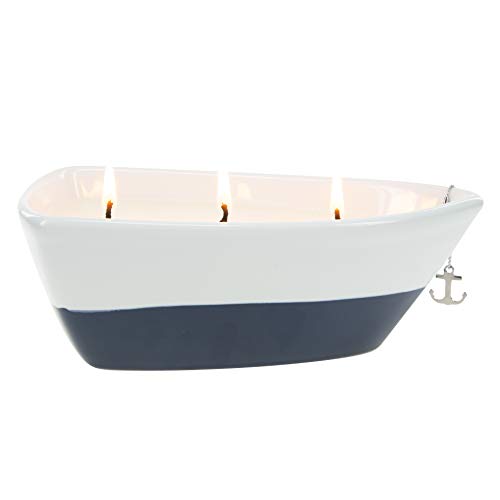 Pavilion Gift Company Life is Better 10 Oz Triple Wick Candle in Ceramic Boat Dish, Blue