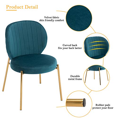 DAGONHIL Velvet Dining Chair,Upholstered Vanity Chairs with Golden Metal Leg,Set of 2(Teal Green)