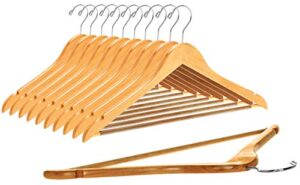 quality wooden hangers - slightly curved hanger set - solid wood coat hangers with stylish chrome hooks - heavy-duty clothes, jacket, shirt, pants, suit hangers (natural, 10)