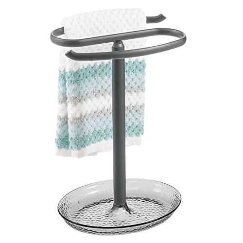 mDesign Steel Fingertip Towel Rack Stand with Base Tray - Towel Holder, Towel Bar for Bathroom, Kitchen, Powder Room - Holds Hand Towel, Washcloths - Rain Collection - Light Gray/Charcoal Gray