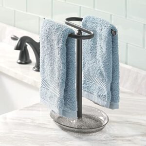 mDesign Steel Fingertip Towel Rack Stand with Base Tray - Towel Holder, Towel Bar for Bathroom, Kitchen, Powder Room - Holds Hand Towel, Washcloths - Rain Collection - Light Gray/Charcoal Gray