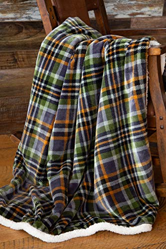 Carstens Orange Sage Striped Plaid Sherpa Throw Blanket 54" x 68"