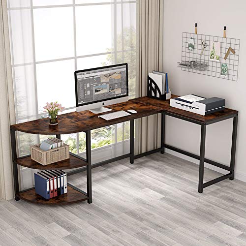 Tribesigns L-Shaped Desk with Corner Shelf, 74 inch Corner Computer Desk Study Writing Workstation with 3-Tier Reversible Storage Shelf for Home Office Use (Rustic Brown)