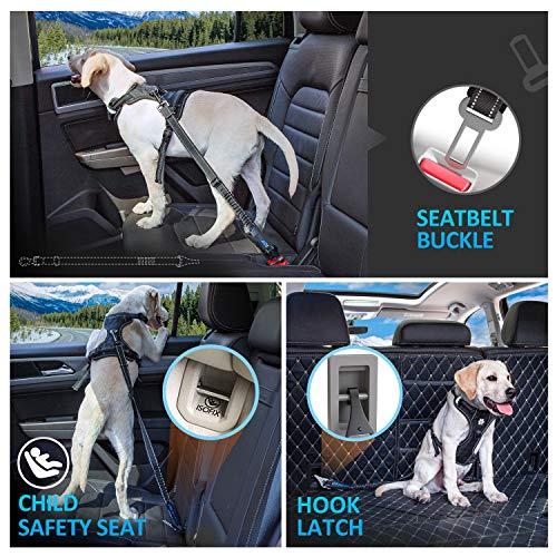 IOKHEIRA Dog Seat Belt 3-in-1 Car Harness for Dogs Adjustable Safety Seatbelt for Car Durable Nylon Reflective Bungee Fabric Tether with Clip Hook Latch & Buckle, Swivel Zinc Alloy Carabiner