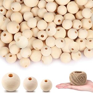 dicobd 300pcs wooden beads 3 sizes(16mm/20mm/25mm) natural unfinished round wood beads large with 20 metre jute twine for jewelry making home farmhouse decoration