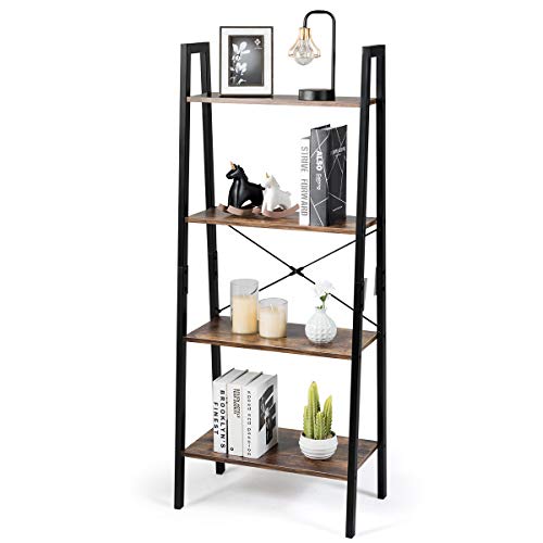 Tangkula Industrial Ladder Shelf, 4-Tier Retro Metal Frame Bookshelf, Multipurpose Bookcase Storage Organizer for Home Living Room Office, 4-Tier Ladder Shelves (Rustic Brown)