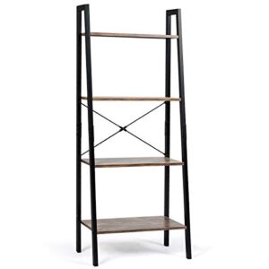 Tangkula Industrial Ladder Shelf, 4-Tier Retro Metal Frame Bookshelf, Multipurpose Bookcase Storage Organizer for Home Living Room Office, 4-Tier Ladder Shelves (Rustic Brown)