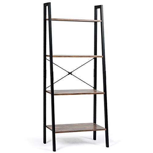 Tangkula Industrial Ladder Shelf, 4-Tier Retro Metal Frame Bookshelf, Multipurpose Bookcase Storage Organizer for Home Living Room Office, 4-Tier Ladder Shelves (Rustic Brown)