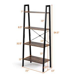 Tangkula Industrial Ladder Shelf, 4-Tier Retro Metal Frame Bookshelf, Multipurpose Bookcase Storage Organizer for Home Living Room Office, 4-Tier Ladder Shelves (Rustic Brown)