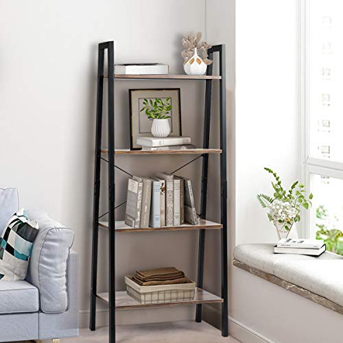 Tangkula Industrial Ladder Shelf, 4-Tier Retro Metal Frame Bookshelf, Multipurpose Bookcase Storage Organizer for Home Living Room Office, 4-Tier Ladder Shelves (Rustic Brown)