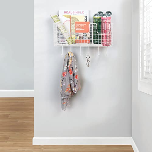 mDesign Metal Wire Farmhouse Wall Decor Storage Organizer Divided Basket with 6 Hooks for Entryway, Hallway, Mudroom, Bedroom, Bathroom, Laundry Room - Wall Mount - White