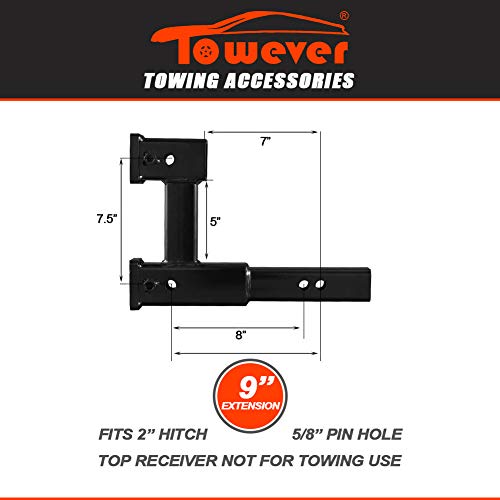 Towever 84131P Trailer 2 inches Dual Hitch Receiver Adapter Extender for Towing and Riser for Bicycle Rack, Extra Long Towing Accessories with Pin and Clip