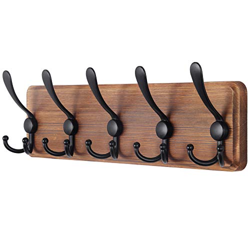 SKOLOO Rustic Wall Mounted Coat Rack: 16'' Hole to Hole, Pine Real Wood Plank Wall Coat Rack with 5 Triple Hooks, Farmhouse Coat Hanger Wall Mount for Hanging Backpack Jacket Coat Hat