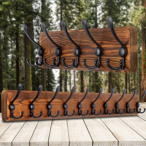 SKOLOO Rustic Wall Mounted Coat Rack: 16'' Hole to Hole, Pine Real Wood Plank Wall Coat Rack with 5 Triple Hooks, Farmhouse Coat Hanger Wall Mount for Hanging Backpack Jacket Coat Hat