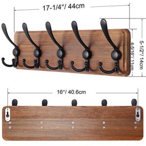 SKOLOO Rustic Wall Mounted Coat Rack: 16'' Hole to Hole, Pine Real Wood Plank Wall Coat Rack with 5 Triple Hooks, Farmhouse Coat Hanger Wall Mount for Hanging Backpack Jacket Coat Hat