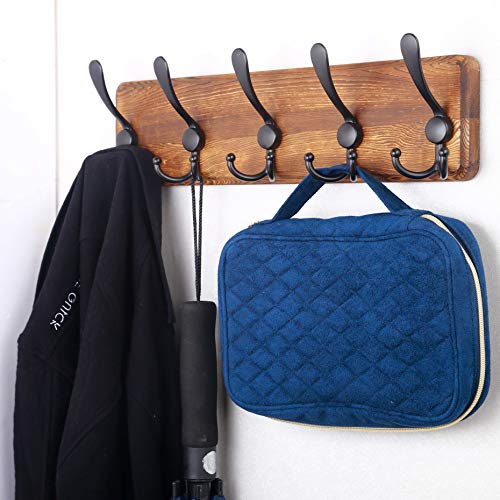 SKOLOO Rustic Wall Mounted Coat Rack: 16'' Hole to Hole, Pine Real Wood Plank Wall Coat Rack with 5 Triple Hooks, Farmhouse Coat Hanger Wall Mount for Hanging Backpack Jacket Coat Hat