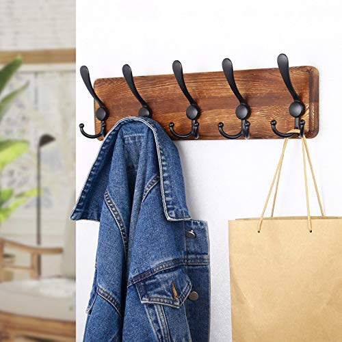 SKOLOO Rustic Wall Mounted Coat Rack: 16'' Hole to Hole, Pine Real Wood Plank Wall Coat Rack with 5 Triple Hooks, Farmhouse Coat Hanger Wall Mount for Hanging Backpack Jacket Coat Hat