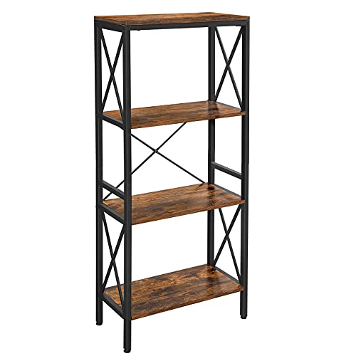 VASAGLE DAINTREE Bookshelf, Kitchen Shelf, Free Standing Shelf, Ladder Rack with 4 Open Shelves, for Kitchen, Office, Stable Steel Frame, Industrial Style, Rustic Brown and Black ULLS030B01