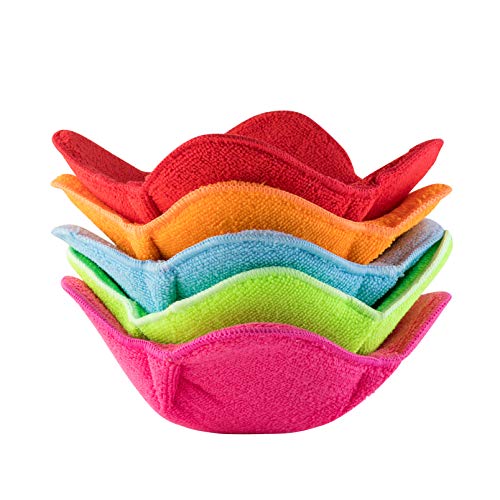 SHILA Bowl Snuggies, Multicolor Set of 5 Microwave-Safe Hot Bowl Holders to Keep Your Hands Cool and Your Food Warm, Polyester & Sponge Heat Resistant Dish Pads for Soup, Rice and Pasta Bowls