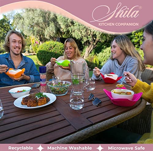 SHILA Bowl Snuggies, Multicolor Set of 5 Microwave-Safe Hot Bowl Holders to Keep Your Hands Cool and Your Food Warm, Polyester & Sponge Heat Resistant Dish Pads for Soup, Rice and Pasta Bowls