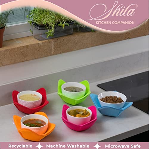 SHILA Bowl Snuggies, Multicolor Set of 5 Microwave-Safe Hot Bowl Holders to Keep Your Hands Cool and Your Food Warm, Polyester & Sponge Heat Resistant Dish Pads for Soup, Rice and Pasta Bowls