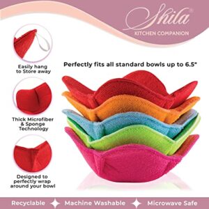 SHILA Bowl Snuggies, Multicolor Set of 5 Microwave-Safe Hot Bowl Holders to Keep Your Hands Cool and Your Food Warm, Polyester & Sponge Heat Resistant Dish Pads for Soup, Rice and Pasta Bowls