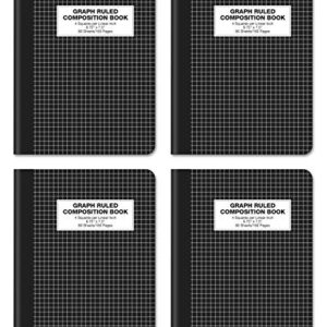 Quad Ruled Composition Book Notebook, 4 Pack, Hardcover 4x4 Graph Ruled Paper, 80 Sheets, 9.75" x 7.5", by Better Office Products, Black Cover, 4 Pack