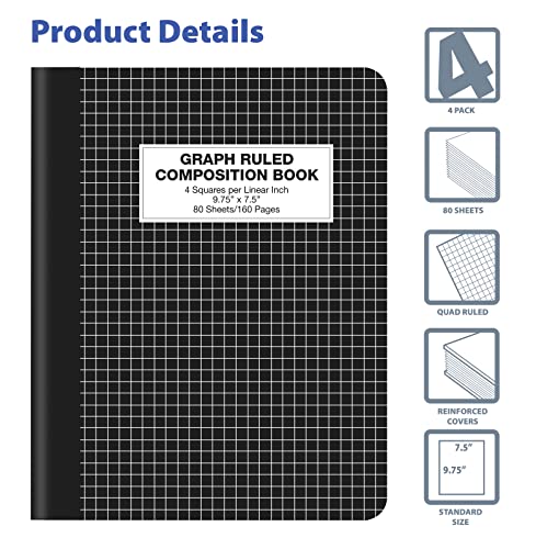 Quad Ruled Composition Book Notebook, 4 Pack, Hardcover 4x4 Graph Ruled Paper, 80 Sheets, 9.75" x 7.5", by Better Office Products, Black Cover, 4 Pack