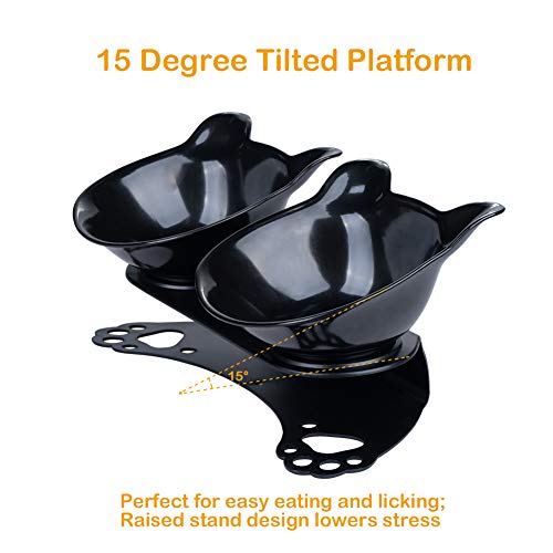 Pantula Anti Vomiting Cat Bowls, Elevated Plastic Cat Food Bowl, Tilted 15° Raised Cat Dishes with Non-Slip Rubber Base Stand for Cats (Black)