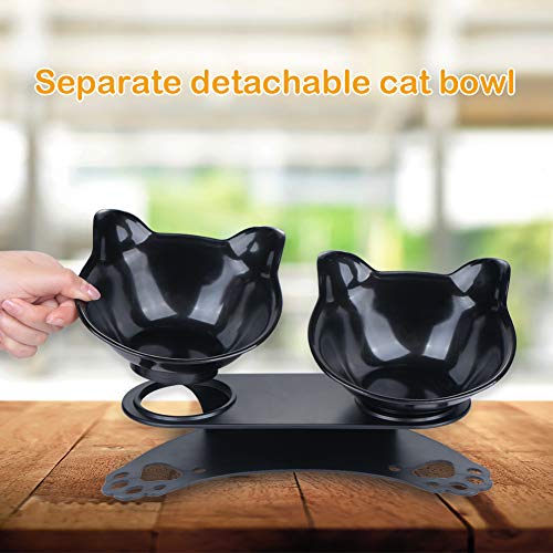 Pantula Anti Vomiting Cat Bowls, Elevated Plastic Cat Food Bowl, Tilted 15° Raised Cat Dishes with Non-Slip Rubber Base Stand for Cats (Black)