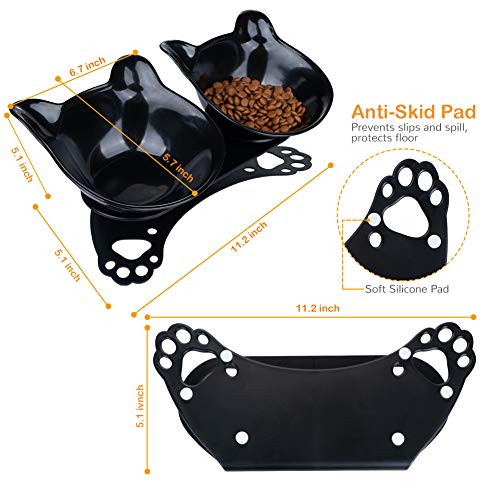 Pantula Anti Vomiting Cat Bowls, Elevated Plastic Cat Food Bowl, Tilted 15° Raised Cat Dishes with Non-Slip Rubber Base Stand for Cats (Black)