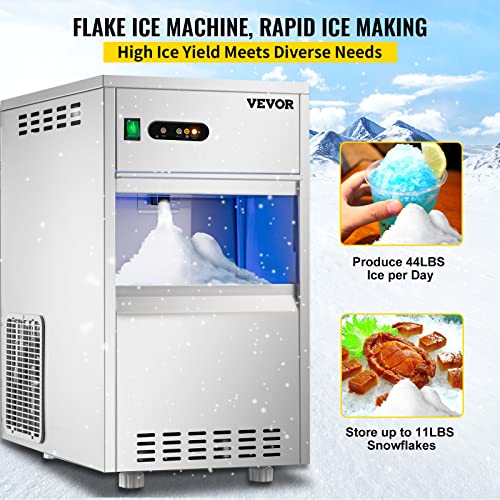 VEVOR 110V Commercial Snowflake Ice Maker 44LBS/24H, ETL Approved Food Grade Stainless Steel Flake Ice Machine Freestanding Flake Ice Maker for Seafood Restaurant, Scoop Included