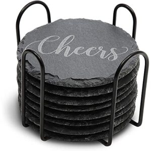 juvale round black slate stone coasters set with steel stand (3.8 inches, 8 pack)