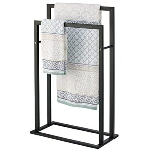 mdesign metal tall 2-tier free-standing towel rack holder for bathroom storage and organization, floor stand holds bath, hand towels; great for guest, half, kids' bathrooms - matte black