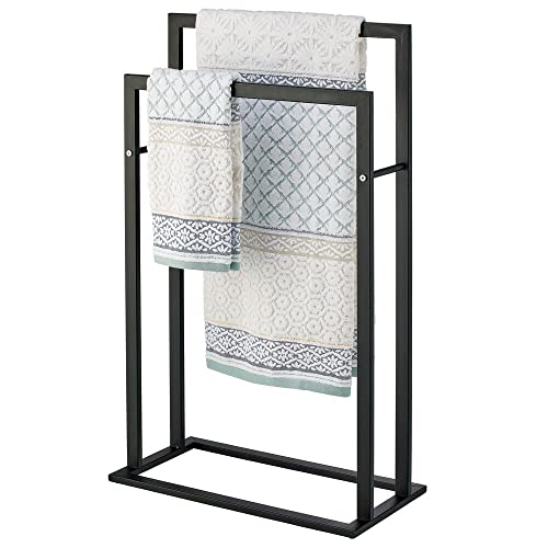 mDesign Metal Tall 2-Tier Free-Standing Towel Rack Holder for Bathroom Storage and Organization, Floor Stand Holds Bath, Hand Towels; Great for Guest, Half, Kids' Bathrooms - Matte Black