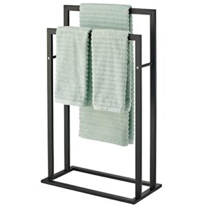 mDesign Metal Tall 2-Tier Free-Standing Towel Rack Holder for Bathroom Storage and Organization, Floor Stand Holds Bath, Hand Towels; Great for Guest, Half, Kids' Bathrooms - Matte Black